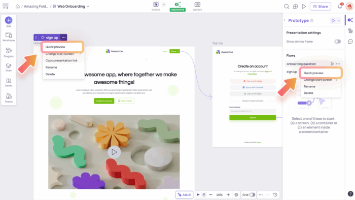 Quick preview and Presentation in Prototype mode - Visily