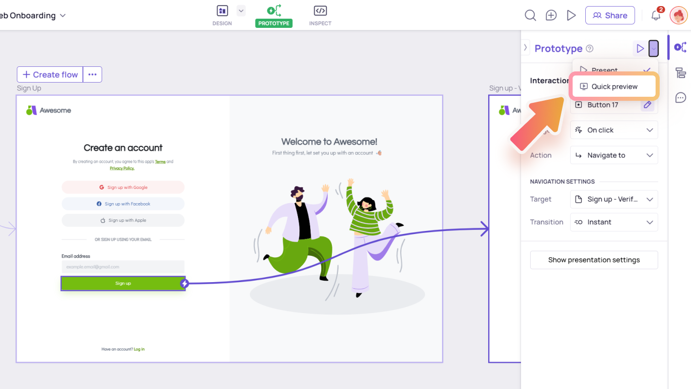 Quick preview and Presentation in Prototype mode - Visily